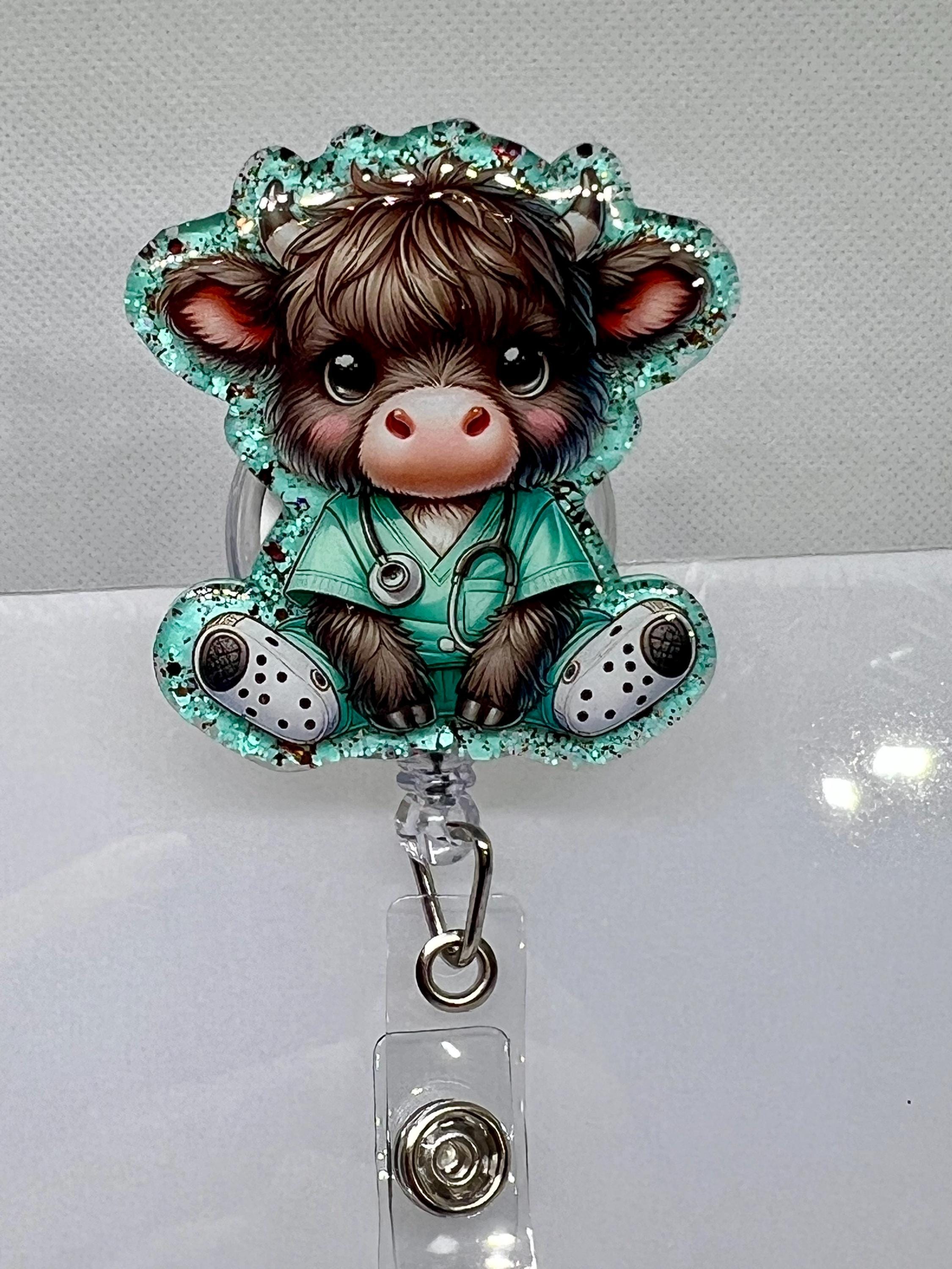 Highland Cow Nurse Badge Reel – Glittery Design with Medical Scrubs, R ...